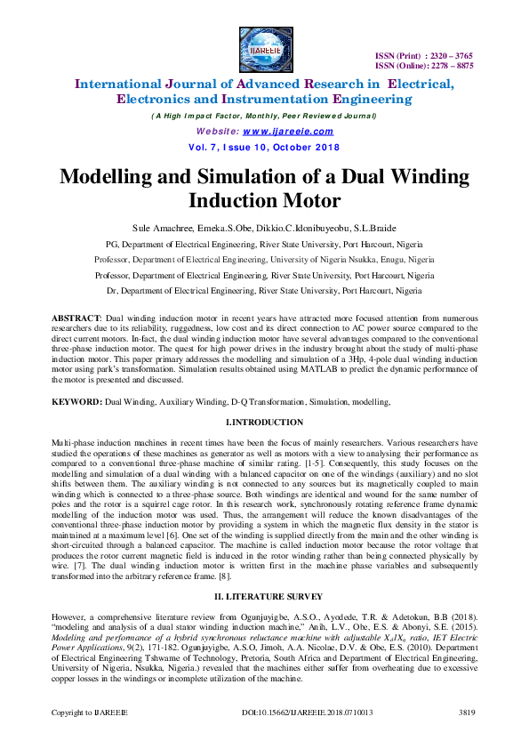 Pdf Modeling And Simulation Of A Dual Winding Induction Motor