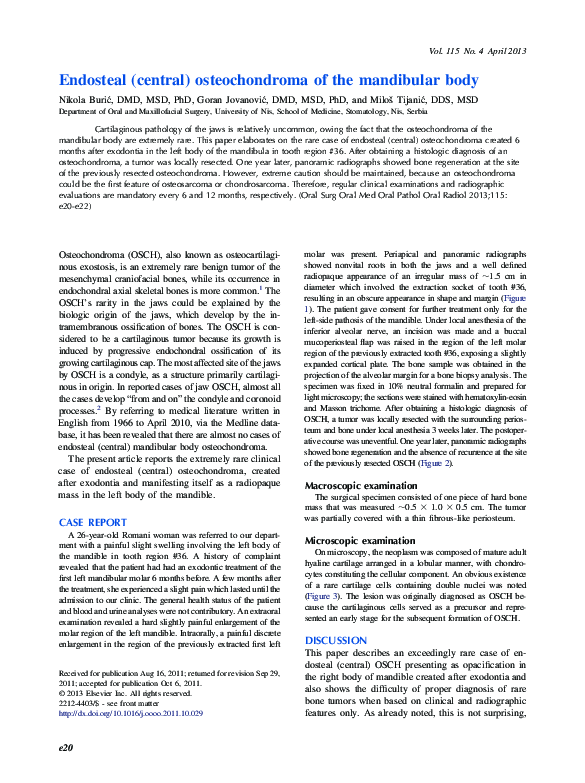 (PDF) Endosteal (central) osteochondroma of the mandibular body ...