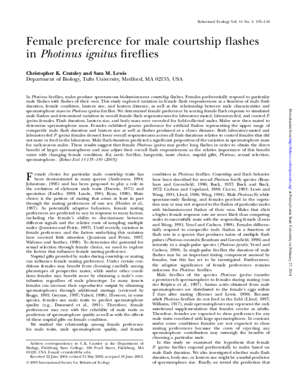 (PDF) Female preference for male courtship flashes in Photinus ignitus ...