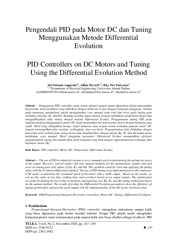 (PDF) Pengendali PID pada Motor DC dan Tuning Menggunakan Metode Differential Evolution (DE)