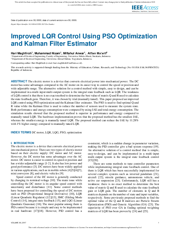 Pdf Improved Lqr Control Using Pso Optimization And Kalman Filter