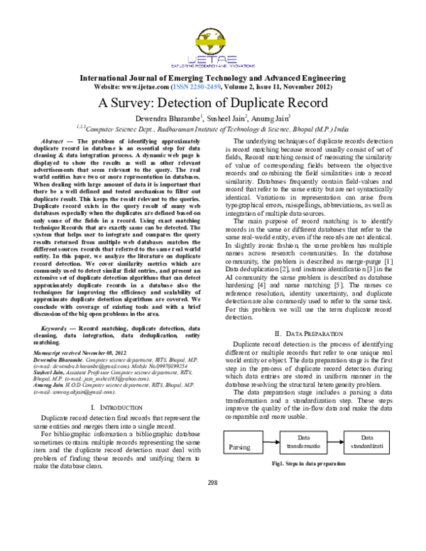 Pdf A Survey Detection Of Duplicate Record Dewendra Bharambe