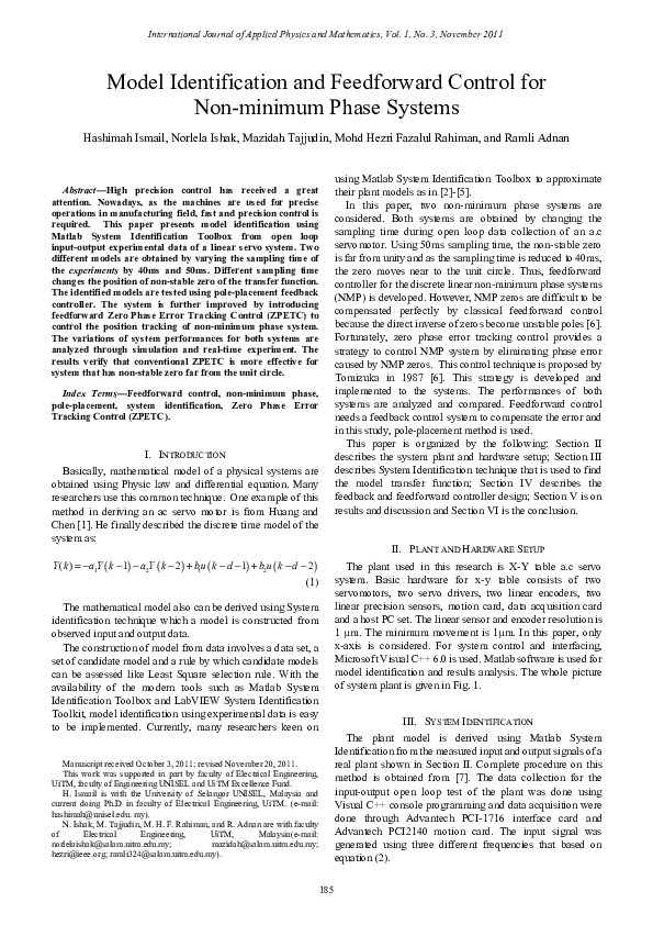 Pdf Model Identification And Feedforward Control For Non Minimum Phase Systems Hashimah