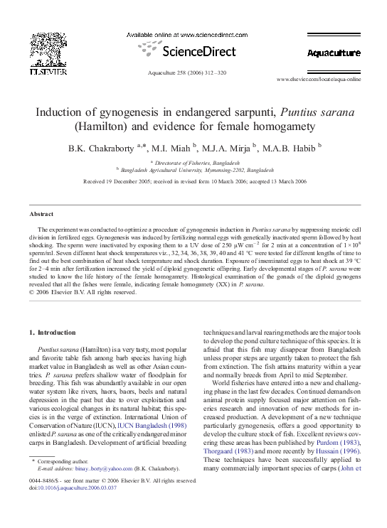 (PDF) Induction of gynogenesis in endangered sarpunti, Puntius sarana ...