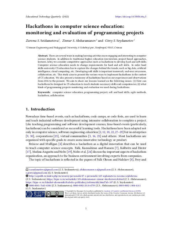 (PDF) Hackathons in computer science education: monitoring and ...