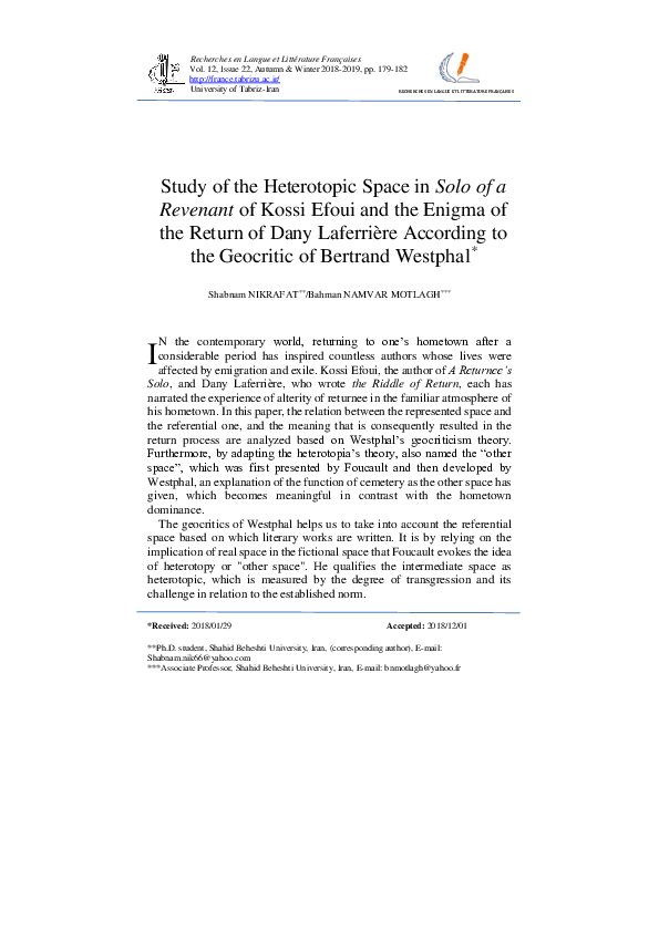 (PDF) Study of the Heterotopic Space in Solo of a Revenant of Kossi ...