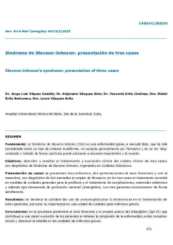 (PDF) Síndrome de Stevens-Johnson: presentación de tres casos