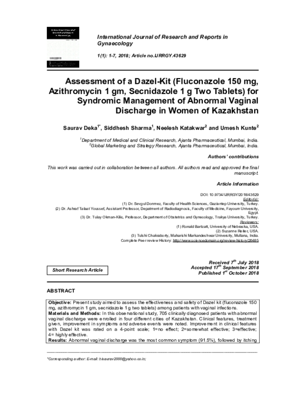 (PDF) Assessment of a Dazel-Kit (Fluconazole 150 mg, Azithromycin 1 gm ...