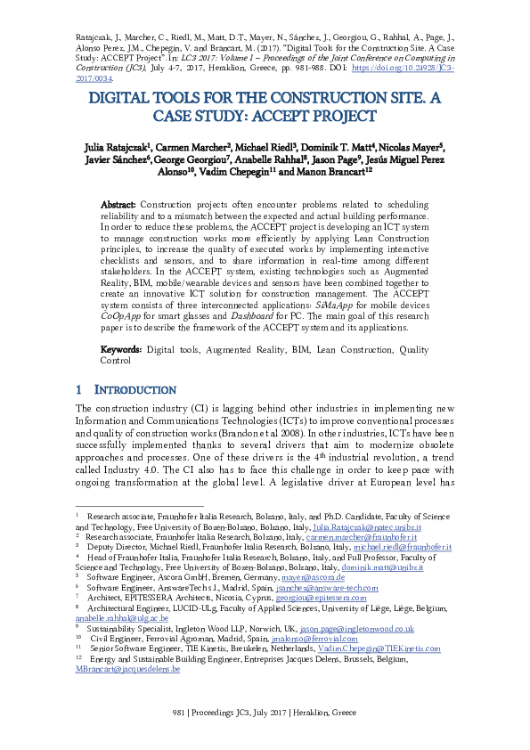 (PDF) Digital Tools for the Construction Site. A Case Study: ACCEPT Project