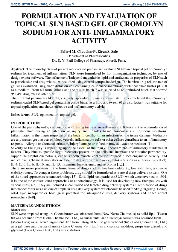(PDF) Formulation and Evaluation of Topical SLN Based Gel of Cromolyn ...