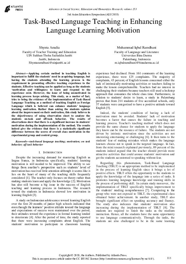 (PDF) Task-Based Language Teaching in Enhancing Language Learning Motivation
