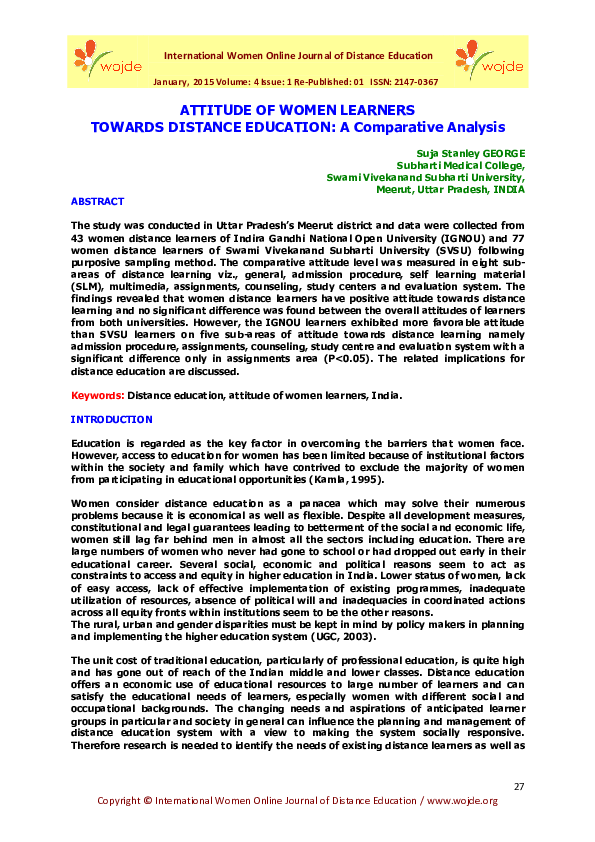 (PDF) ATTITUDE OF WOMEN LEARNERS TOWARDS DISTANCE EDUCATION: A ...