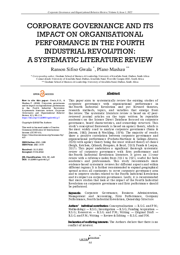 (PDF) Corporate governance and its impact on organisational performance in the Fourth Industrial ...