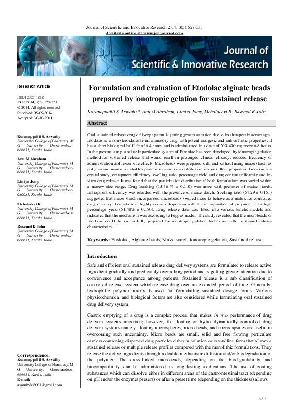 Pdf Formulation And Evaluation Of Etodolac Alginate Beads Prepared By Ionotropic Gelation For
