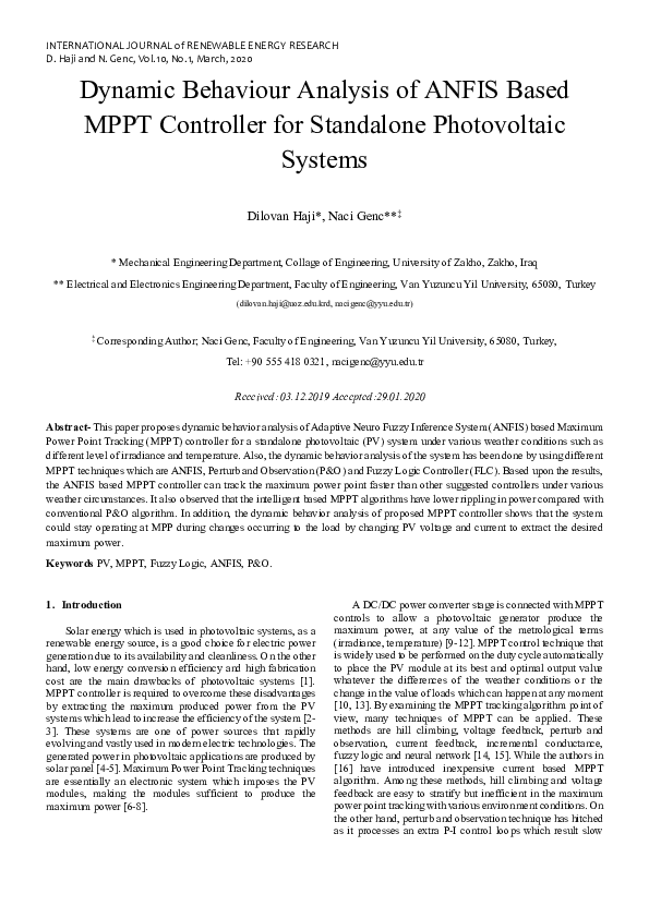 Pdf Dynamic Behavior Analysis Of Anfis Based Mppt Controller For