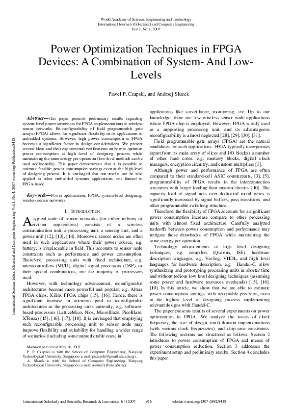 Pdf Power Optimization Techniques In Fpga Devices A Combination Of System And Low Levels