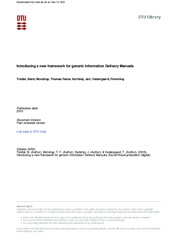(PDF) Introducing a new framework for generic Information Delivery Manuals