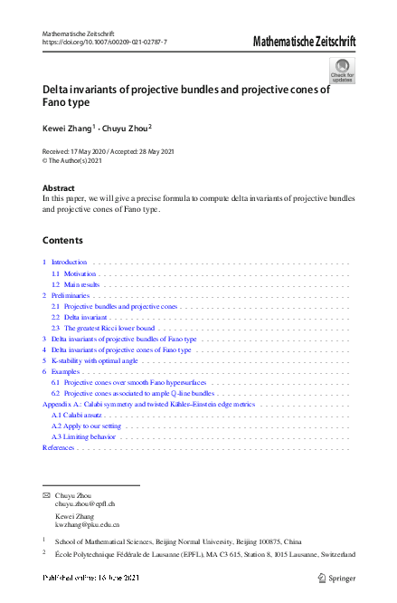 (PDF) Delta invariants of projective bundles and projective cones of ...
