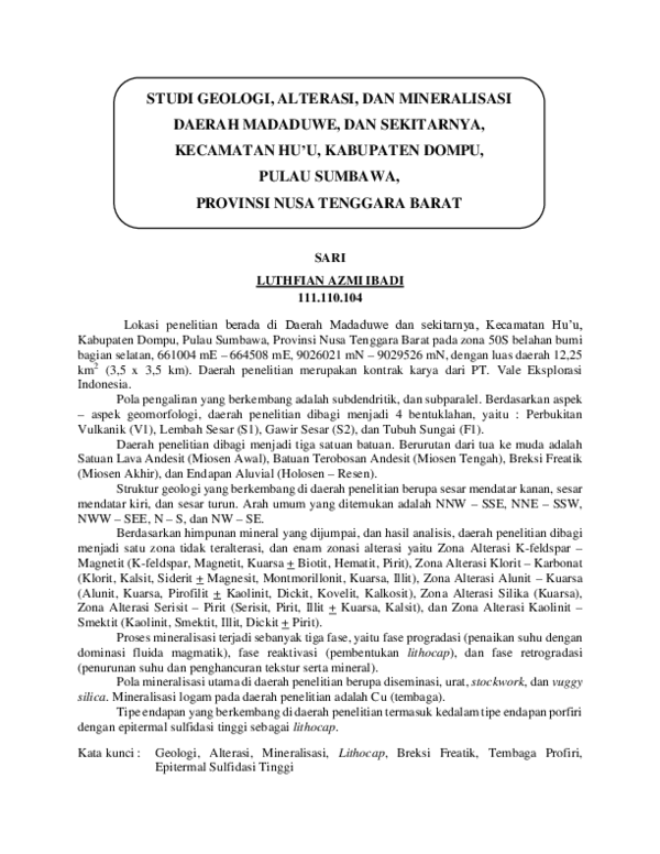 (PDF) Studi Geologi, Alterasi, Dan Mineralisasidaerah “X”, Kecamatan ...