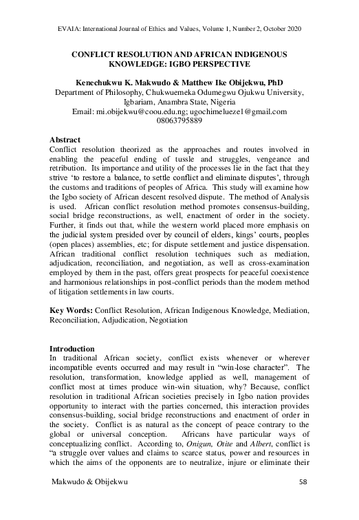(PDF) Conflict Resolution and African Indigenous Knowledge: Igbo ...