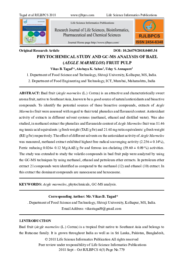 (PDF) Phytochemical Study and GC-MS Analysis of Bael ( Aegle Marmelos ) Fruit Pulp | VIKAS TAGAD ...