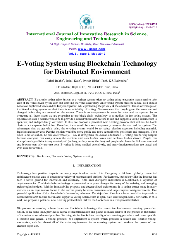 (PDF) E-Voting System using Blockchain Technology for Distributed Environment