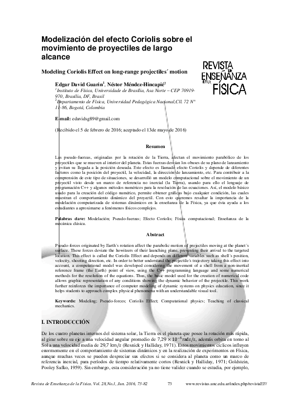 (PDF) Modeling Coriolis Effect on long-range projectiles´ motion