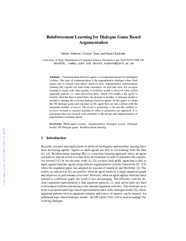 (PDF) Reinforcement Learning for Dialogue Game Based Argumentation