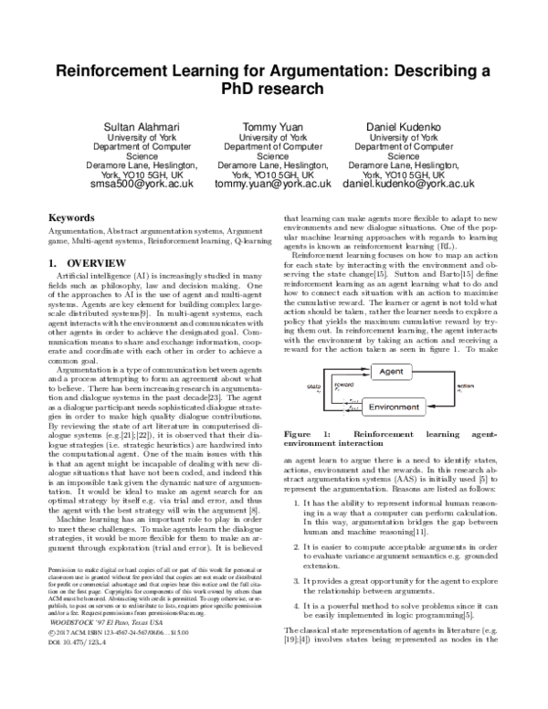 (PDF) Reinforcement Learning for Argumentation: Describing a PhD Research