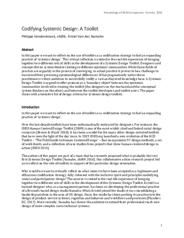 (PDF) Codifying systemic design: A toolkit
