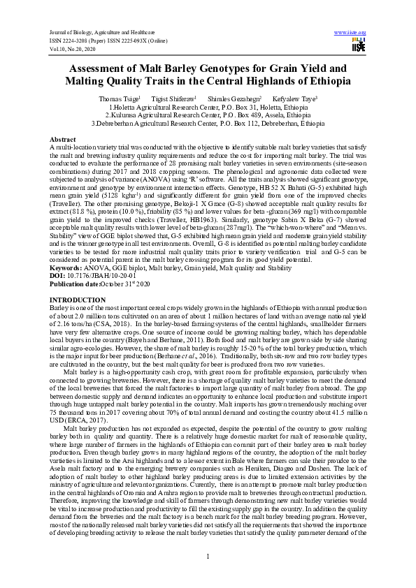 (PDF) Assessment of Malt Barley Genotypes for Grain Yield and Malting Quality Traits in the ...