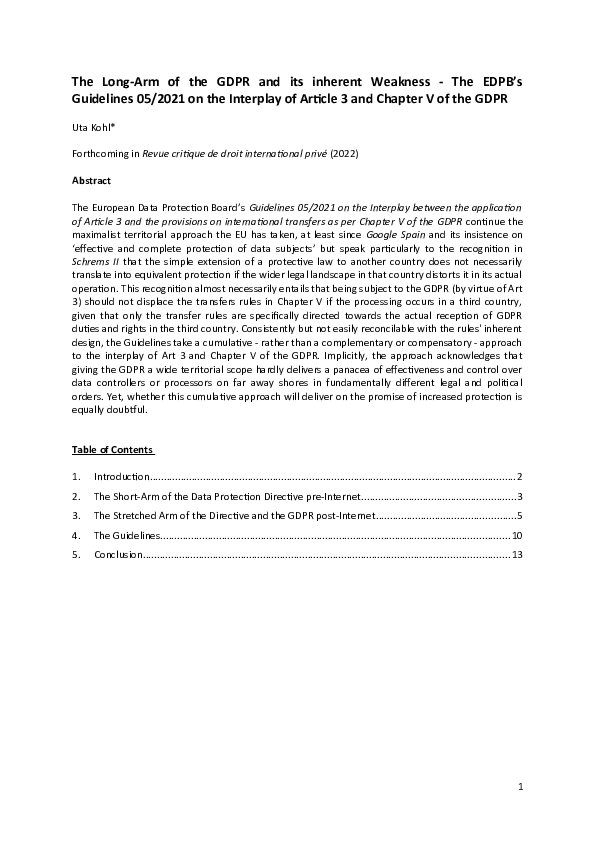 (DOC) The Long-Arm of the GDPR and its inherent Weakness - The EDPB’s Guidelines 05/2021 on the ...