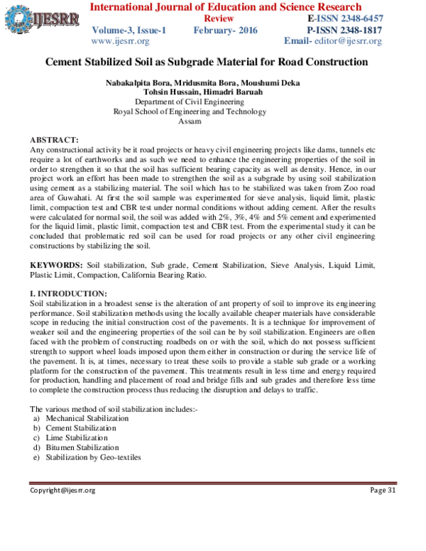 (PDF) Cement Stabilized Soil as Subgrade Material for Road Construction