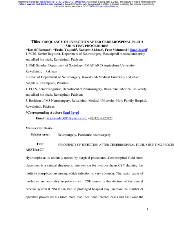 (PDF) Frequency of Infection After Cerebrospinal Fluid Shunting Procedures