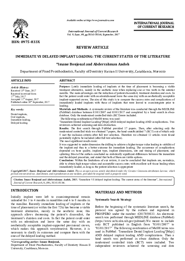 (PDF) Immediate vs Delayed Implant Loading: The Current Status of the ...