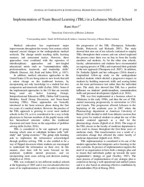 (PDF) Implementation of Team Based Learning (TBL) in a Lebanese Medical ...