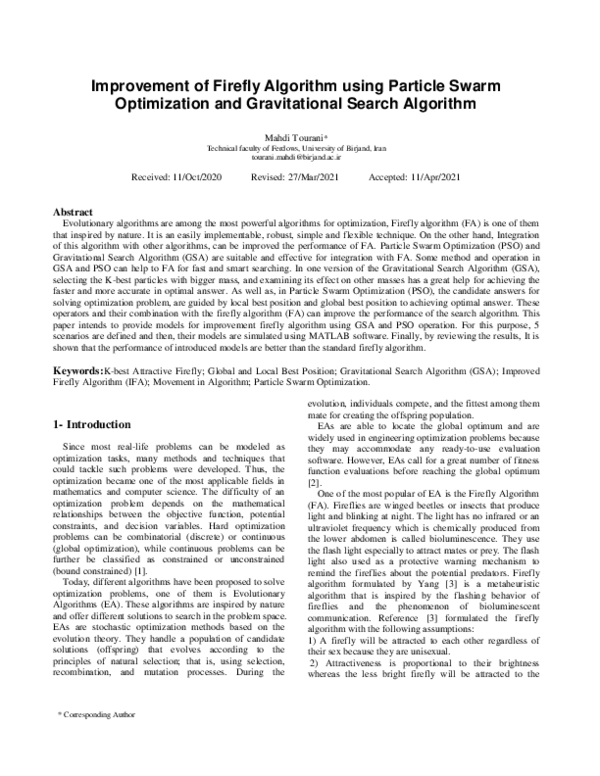 Pdf Improvement Of Firefly Algorithm Using Particle Swarm Optimization And Gravitational