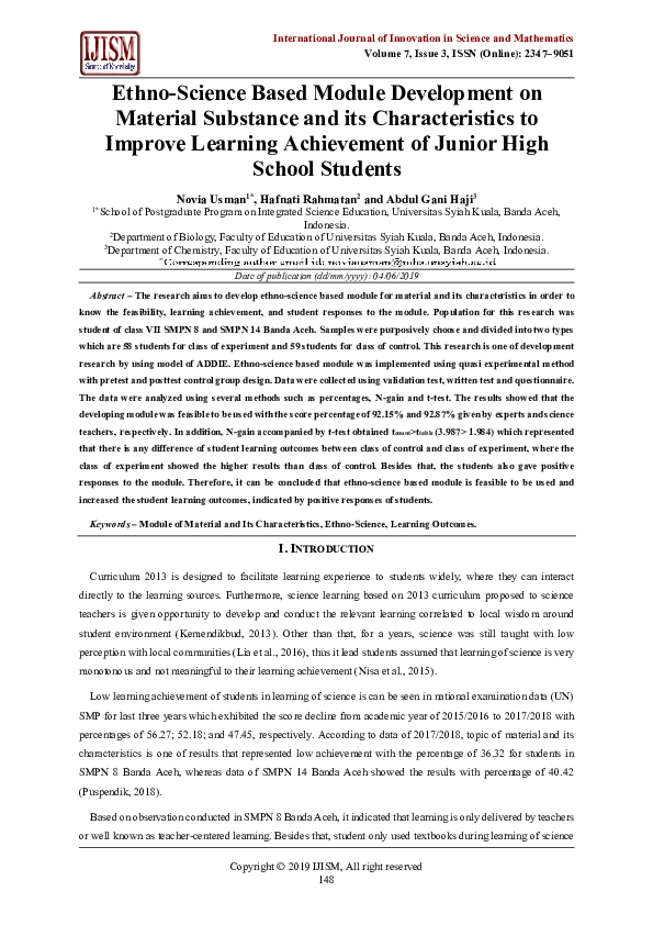 (PDF) Ethno-Science Based Module Development on Material Substance and ...