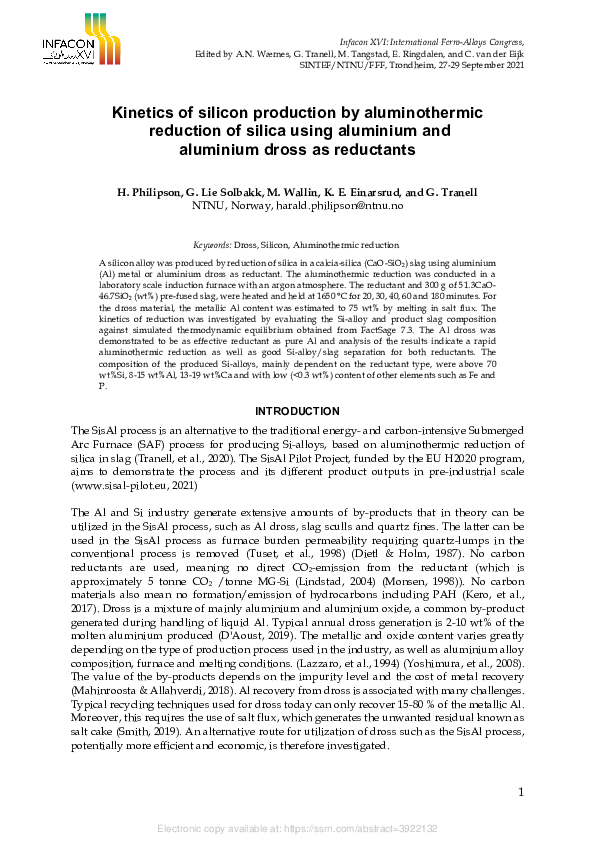 (PDF) Kinetics of silicon production by aluminothermic reduction of ...