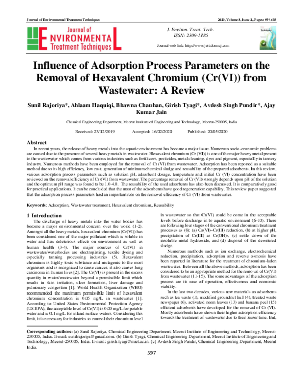 (PDF) Influence of Adsorption Process Parameters on the Removal of Hexavalent Chromium (Cr(VI ...
