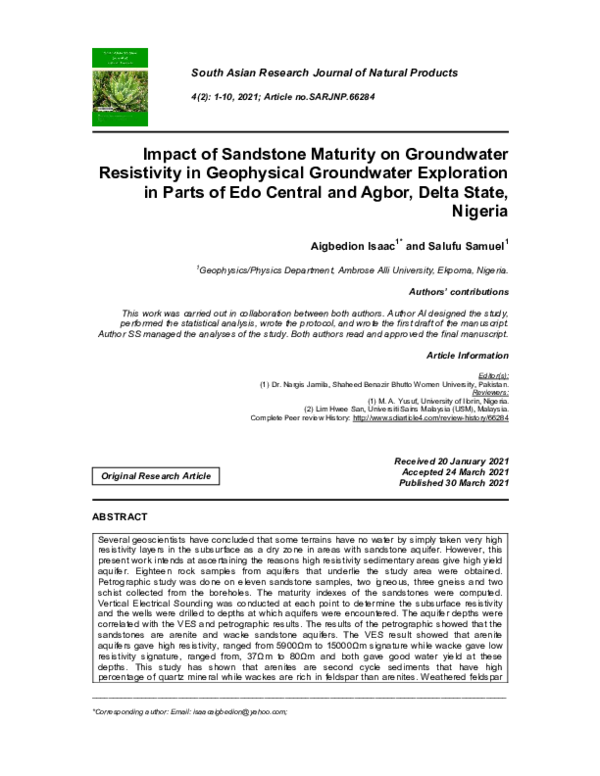 (PDF) Impact of Sandstone Maturity on Groundwater Resistivity in ...