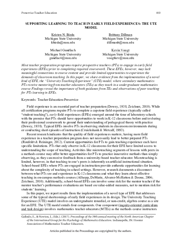 (PDF) Supporting Learning to Teach in Early Field Experiences: The UTE Model