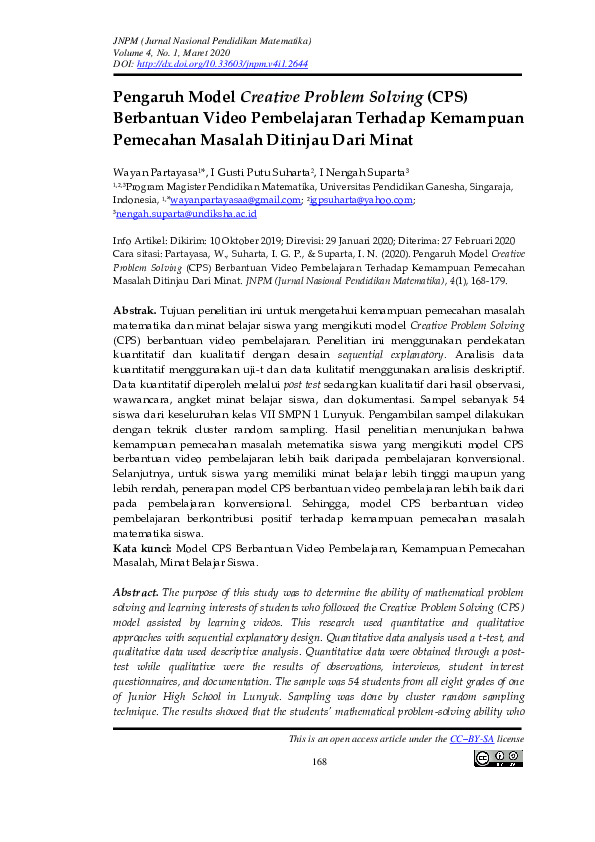 (PDF) Pengaruh Model Pembelajaran Creative Problem Solving (CPS) Berbantuan Video Pembelajaran ...