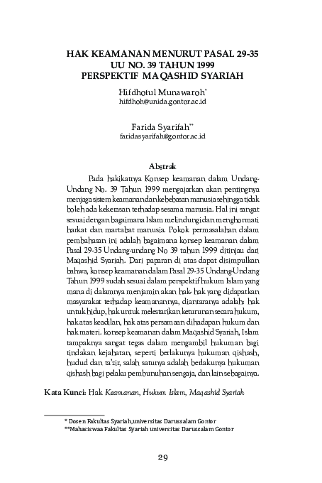 (PDF) Hak Keamanan Menurut Pasal 29-35 UU No. 39 Tahun 1999 (Sebuah Konsep di Indonesia ...