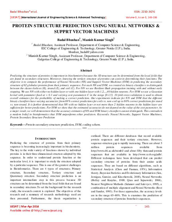 (PDF) PROTEIN STRUCTURE PREDICTION USING NEURAL NETWORKS & SUPPRT ... (PDF) PROTEIN STRUCTURE PREDICTION USING NEURAL NETWORKS & SUPPRT ...