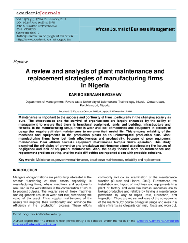 (PDF) A review and analysis of plant maintenance and replacement ...