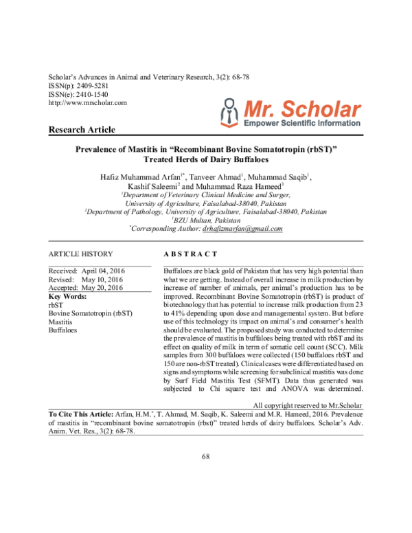(PDF) Prevalence of Mastitis in "Recombinant Bovine Somatotropin (rbST ...