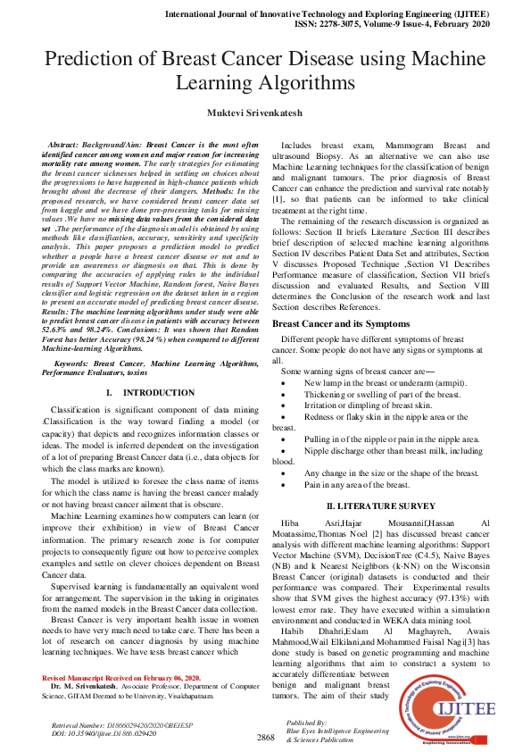 (PDF) Prediction of Breast Cancer Disease using Machine Learning Algorithms