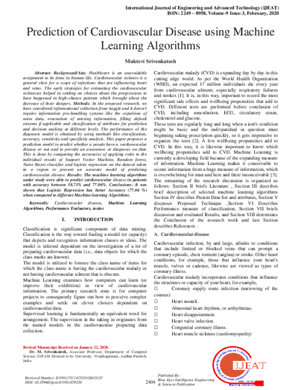 (PDF) Prediction of Cardiovascular Disease using Machine Learning Algorithms