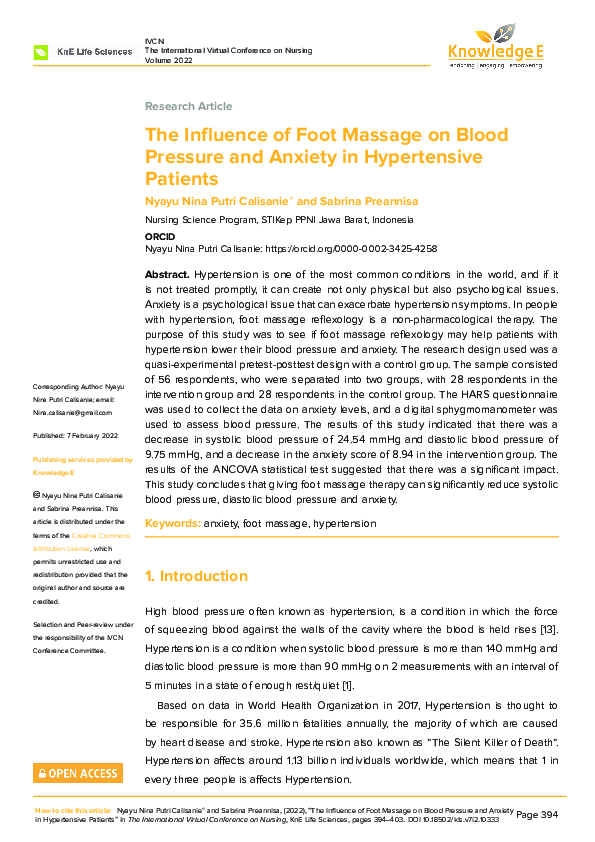 (PDF) The Influence of Foot Massage on Blood Pressure and Anxiety in ...